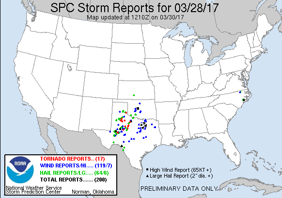 Map: SPC Storm Reports for 03/28/17 | Climate Signals