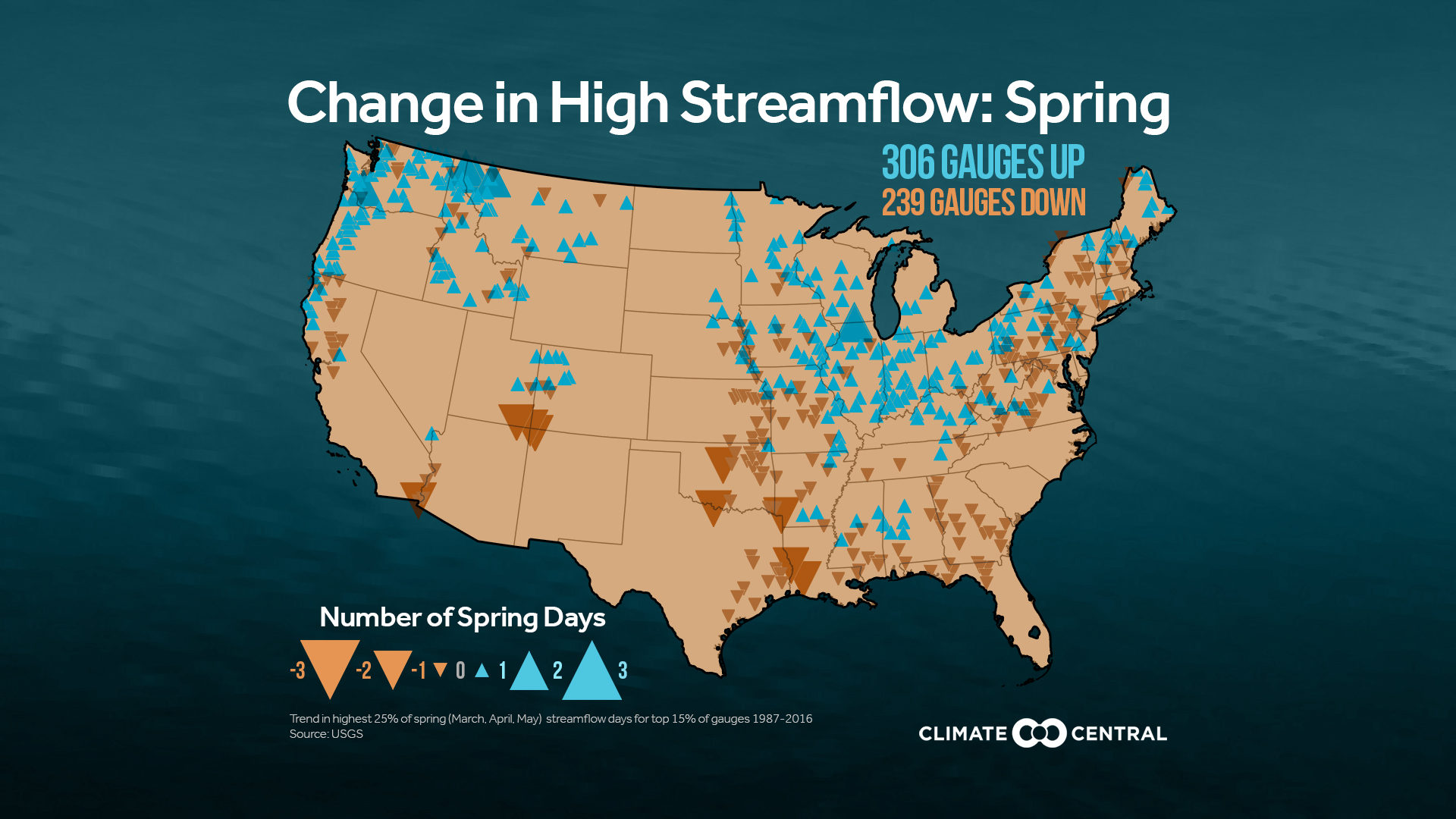 Map: Change in high streamflow in spring | Climate Signals