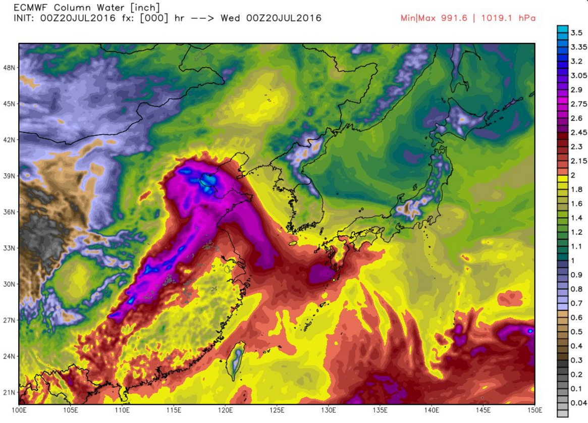 Map: Precipitable Water > 3.00" over Northeaset China flooding ...