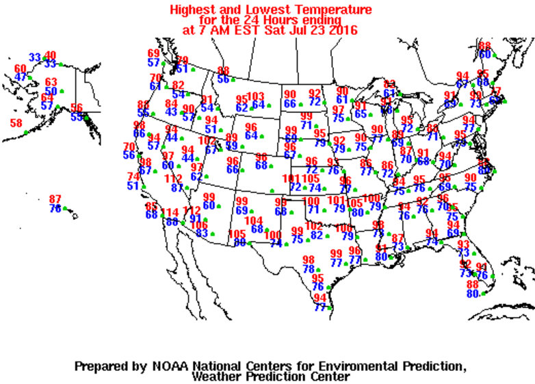 Map: Observed High and Low Temperatures for the 24 Hours ending at 7AM ...