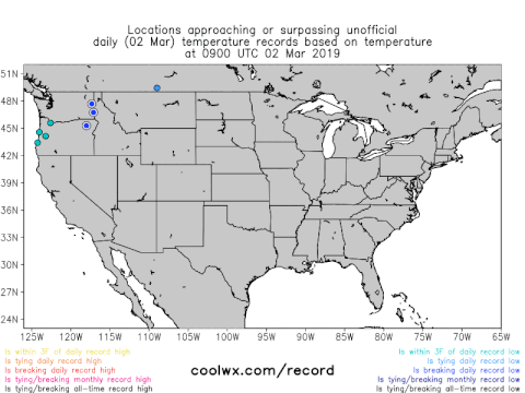 Map: U.S. Temperature records from March 2 - 4, 2019 | Climate Signals