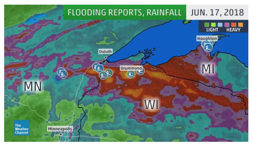 Map: Flooding Reports, Rainfall June 17, 2018 | Climate Signals