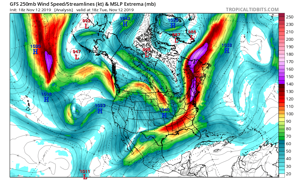 Climate Signals | Map: 250 mb wind speed on Nov 12, 2019