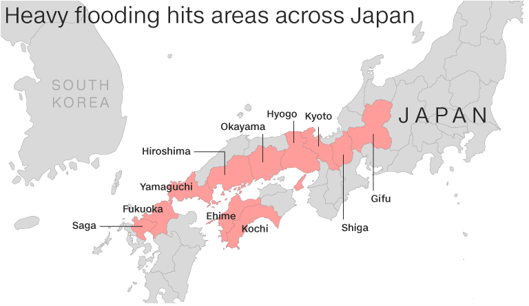 Map: Areas in Japan Hit by Heavy Flooding July 10, 2018 | Climate Signals
