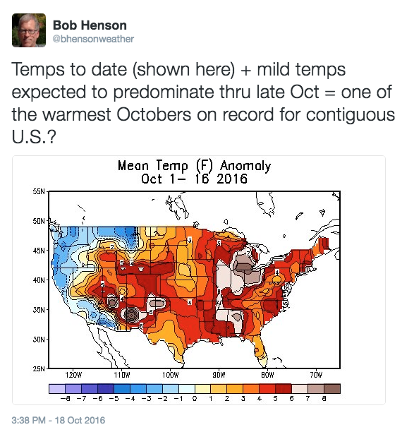 Tweet: October one of the warmest on record for contiguous U.S ...
