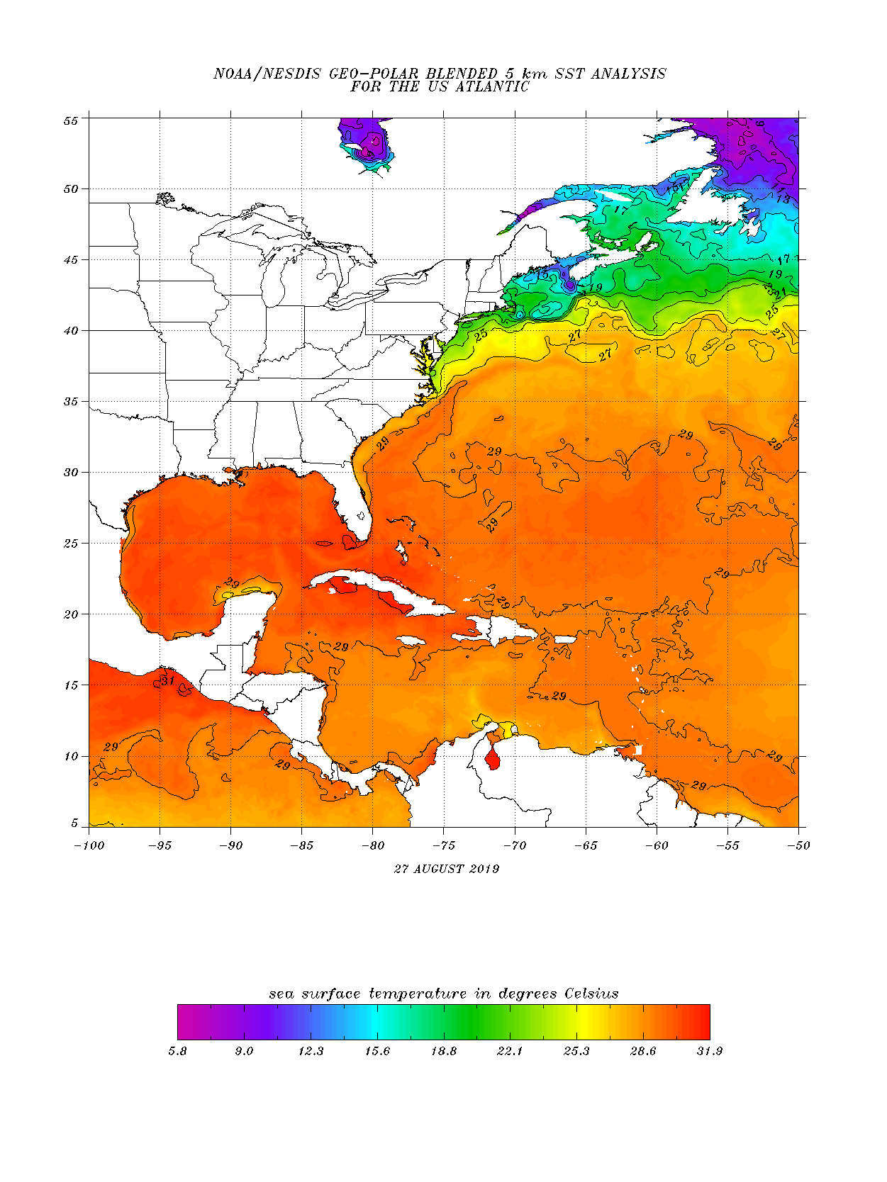 Map: August 27, 2019 Caribbean Sea Surface Temperatures | Climate Signals