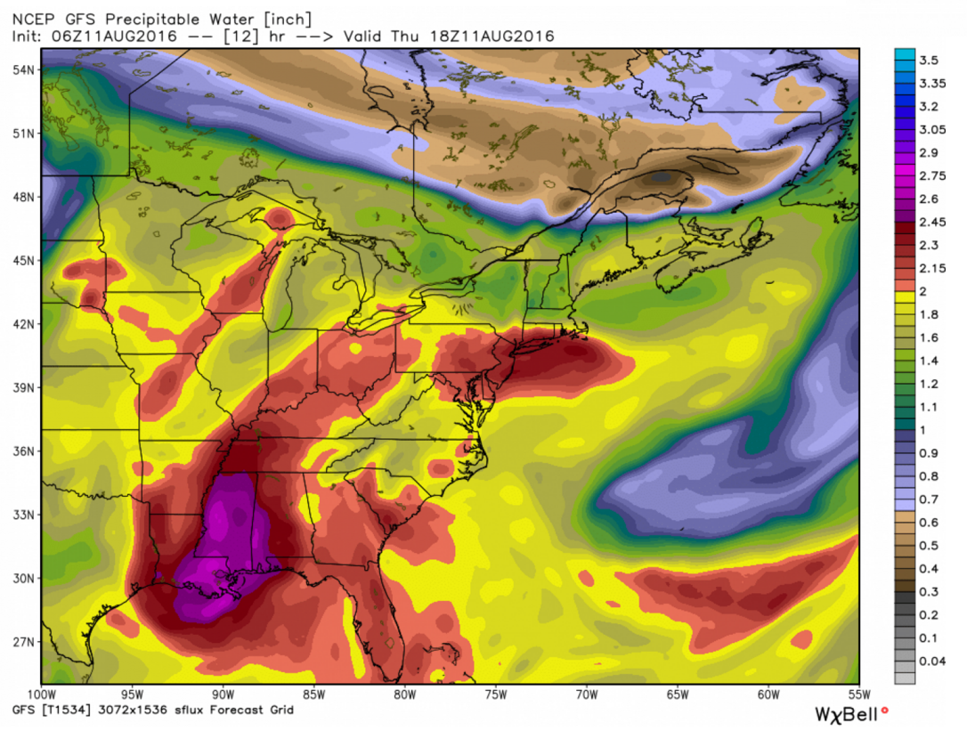 Map: Precipitable Water = 2.78" in New Orleans, August 11, 2016 ...
