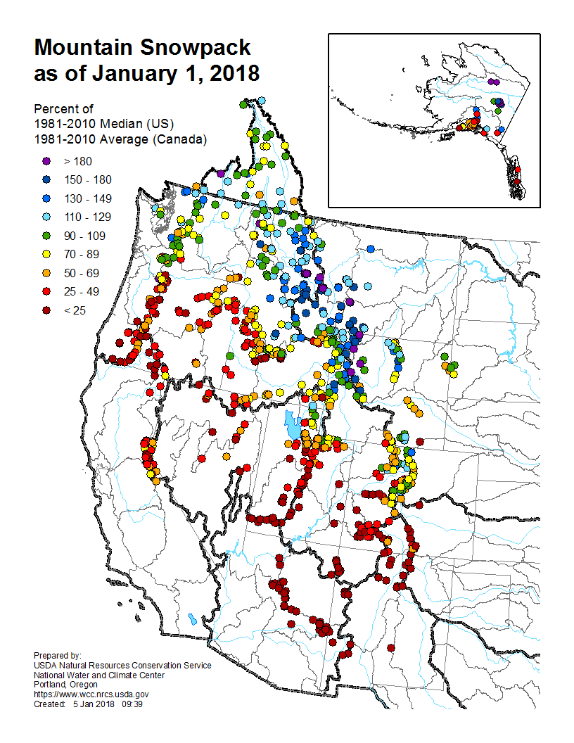 Map: Mountain Snowpack as of January 1, 2018 | Climate Signals
