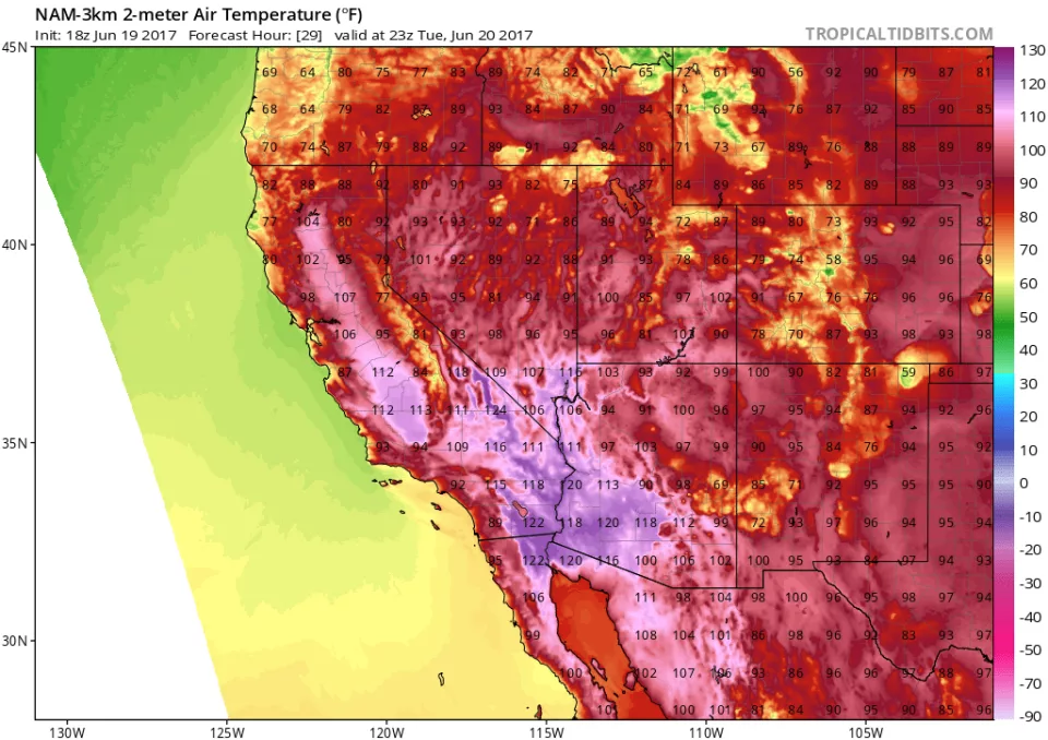 Map: Surface air temperature in the Southwestern US on June 20, 2017 ...