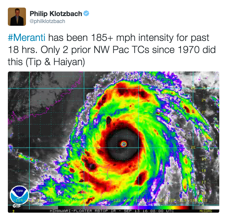 Tweet: Meranti 185+ mph for 18 hours | Climate Signals