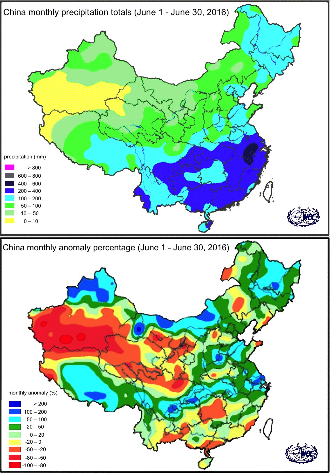 Maps: China Total Observed June 2016 Precipitation and Anomaly ...