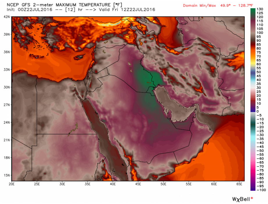 Map: Middle East Maximum Temperatures on July 22, 2016 | Climate Signals
