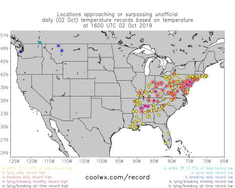 Map: Locations approaching or surpassing temperature records on October ...