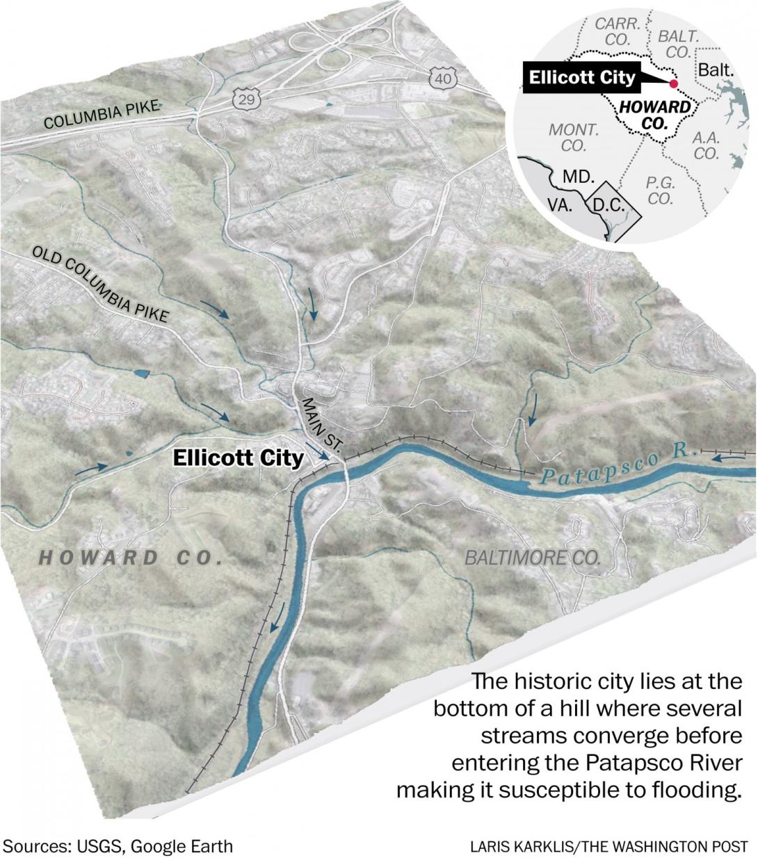 Map: Ellicott City lies at the bottom of a hill where streams converge ...